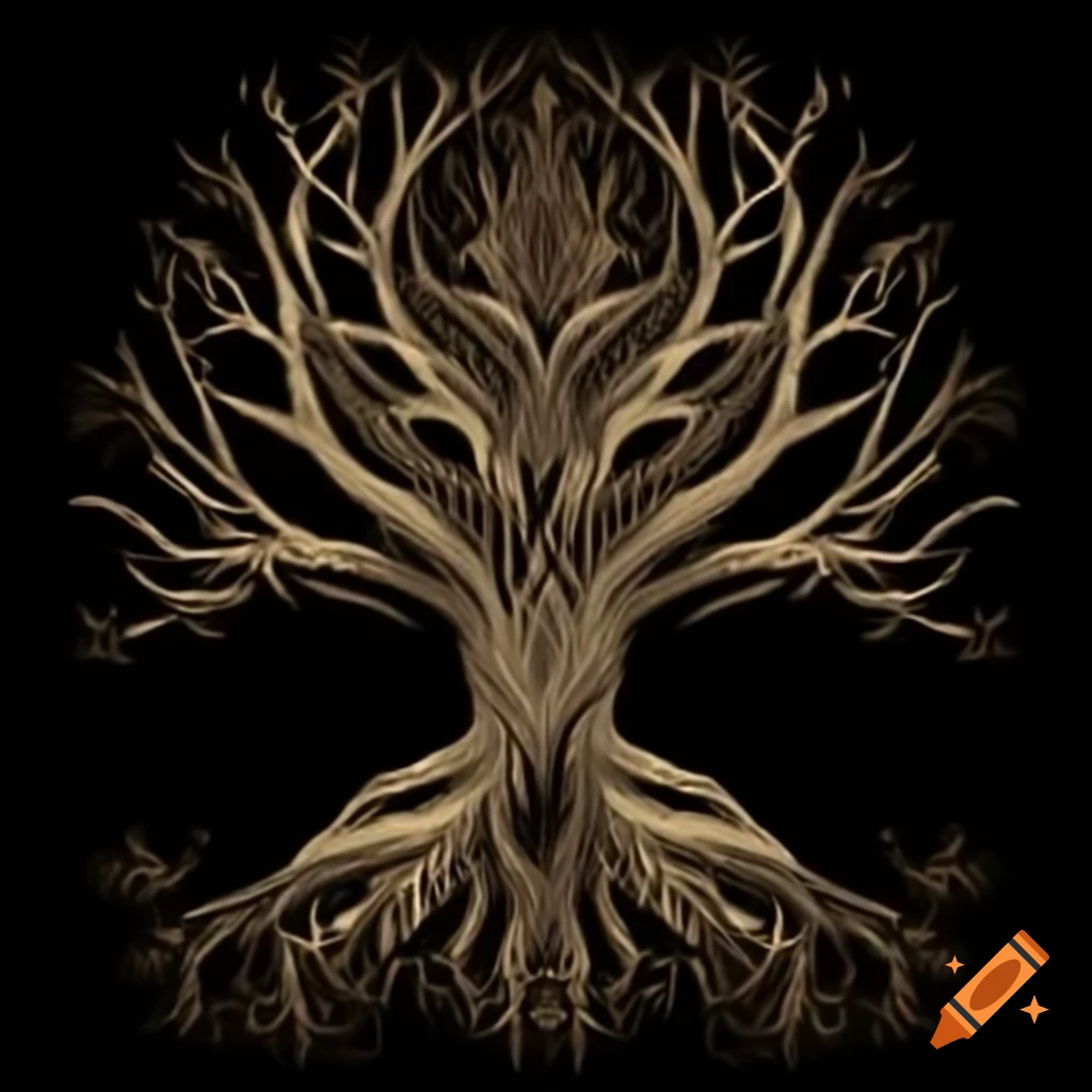 Detailed Tree of Life with bark and branches surrounded by Norse and ...