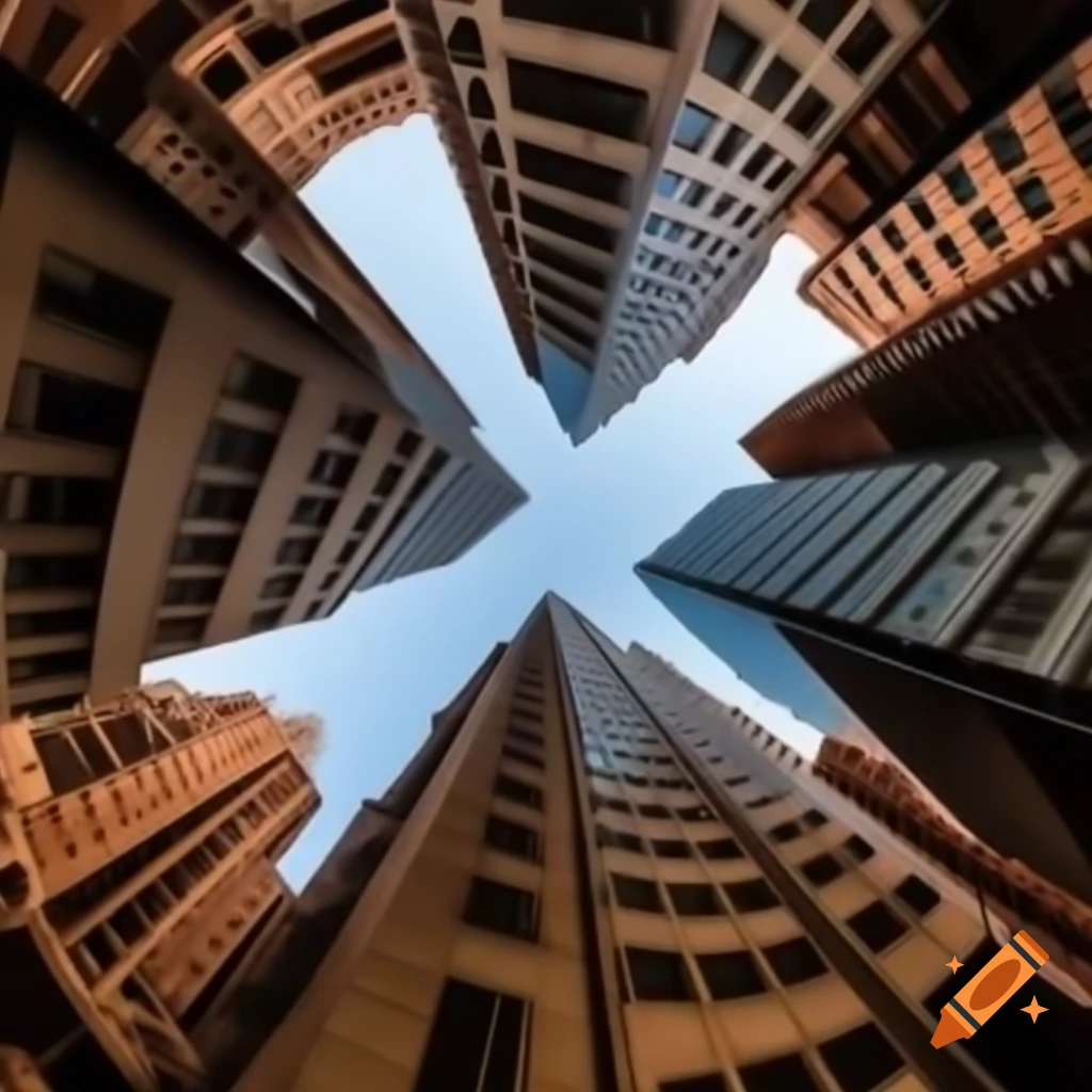 Fisheye perspective of city buildings on Craiyon