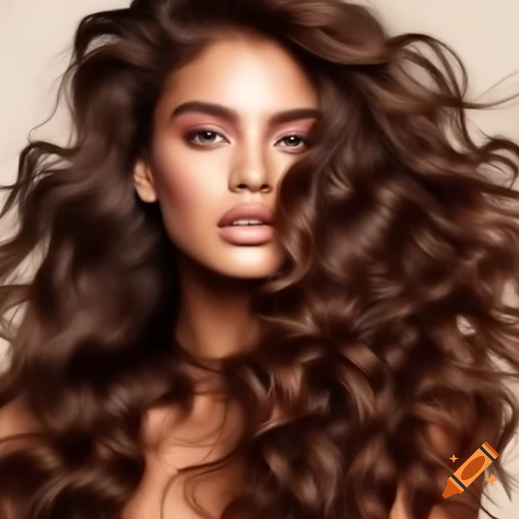 Beautiful woman with long curly brown hair in fashion advertisement on ...