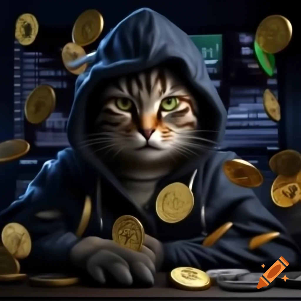 Digital cat dressed as hacker with cryptocurrency symbols on screen on ...
