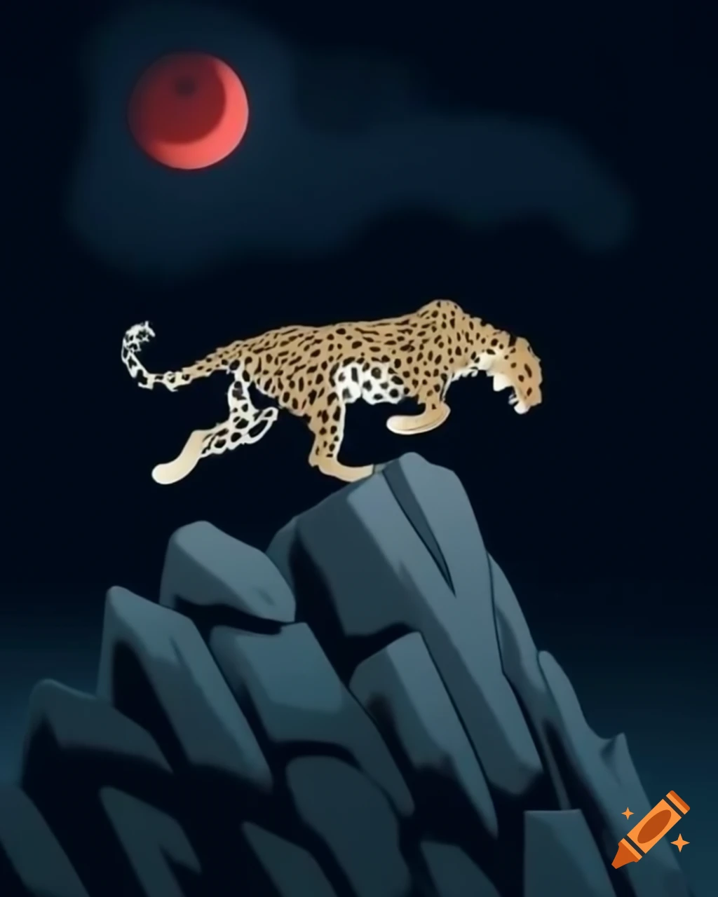 Leopard leaping from rocky mountain under red moon, dramatic longshot ...