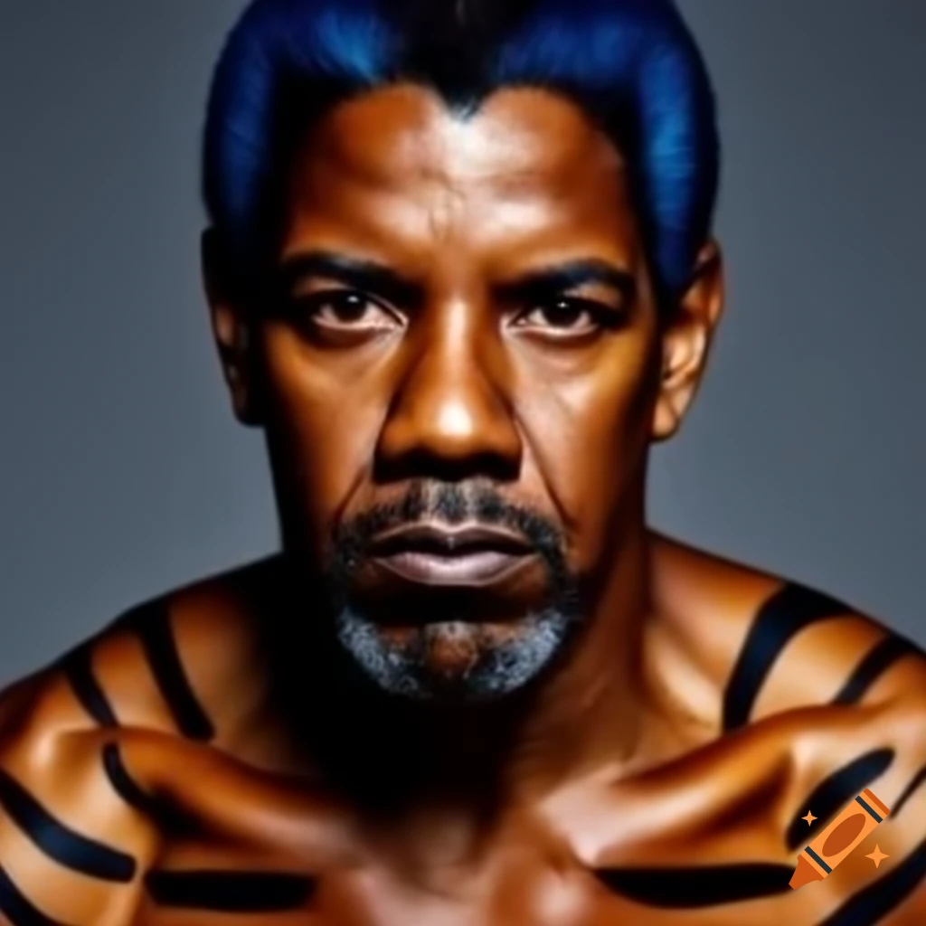 Muscular man resembling Denzel Washington with tiger-style makeup and colorful features on Craiyon