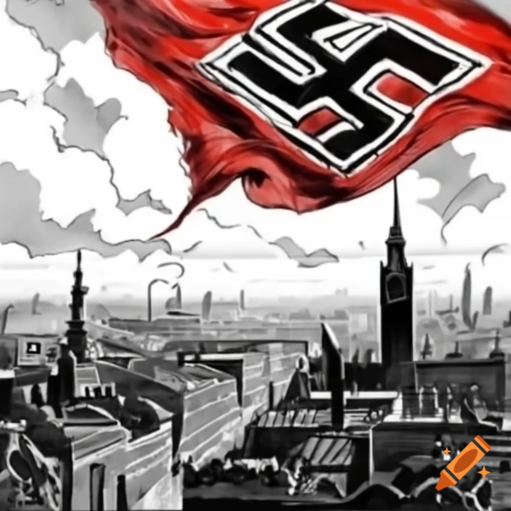 Ink drawing of burned WWII city with black clouds and giant red flag on ...