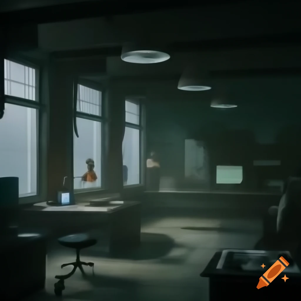 Dark spacious room with dimmed lights and vintage decor at night on Craiyon