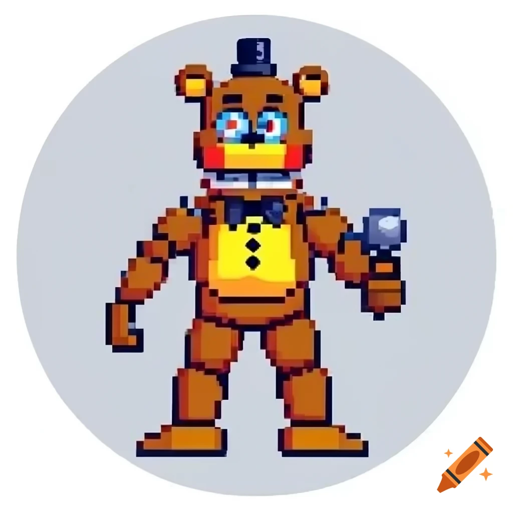 Pixel sprite of Freddy Fazbear character facing the camera on Craiyon