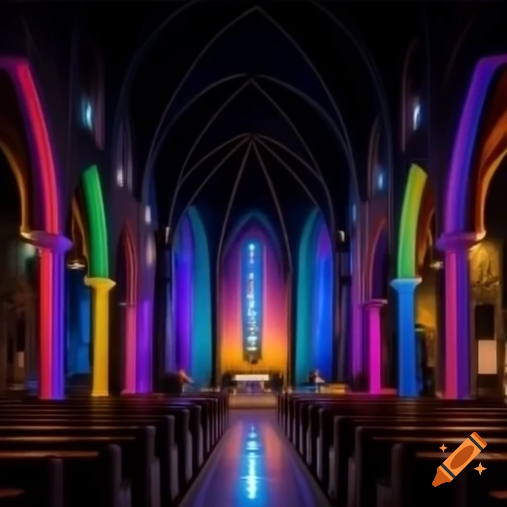 Empty church interior with colorful spotlights creating a club-like ...