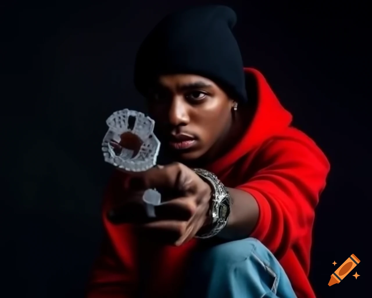 Rapper in baggy jeans and red hoodie holding electric plug, hip-hop ...