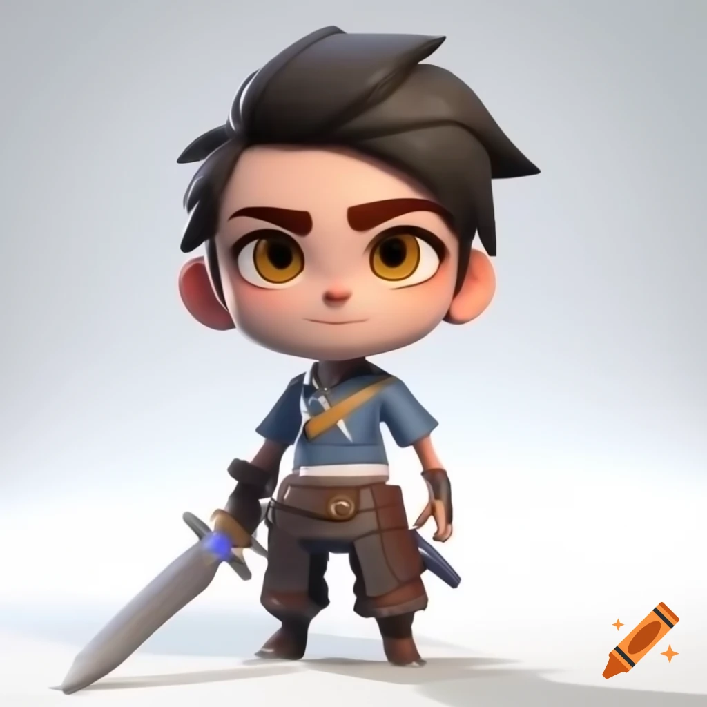 3D low poly chibi hero character in T pose wearing armor and holding ...