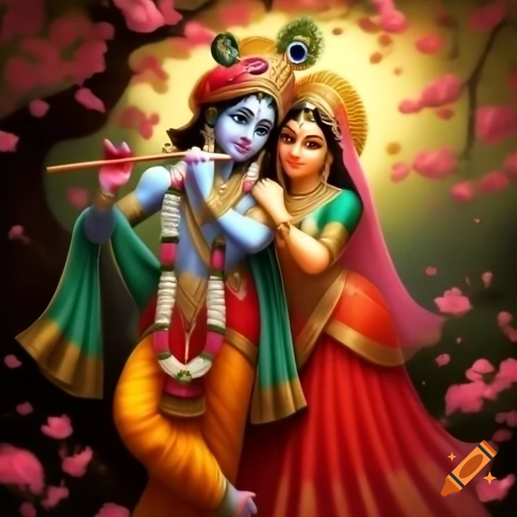 Radha and Krishna under Kadamba tree, Krishna playing flute, colorful ...