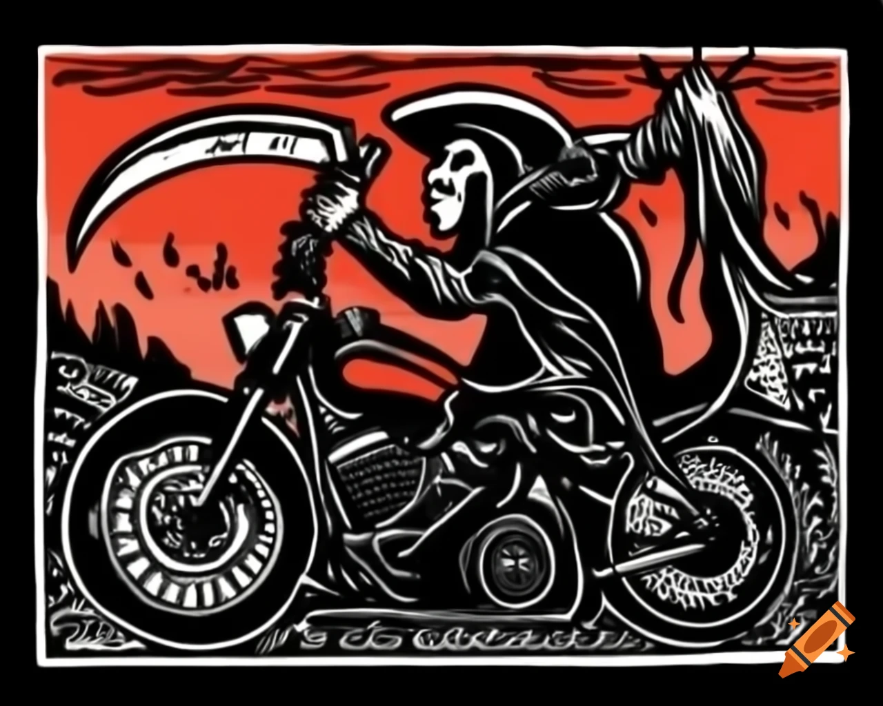 Grim Reaper on outlaw motorcycle in linocut style illustration on Craiyon