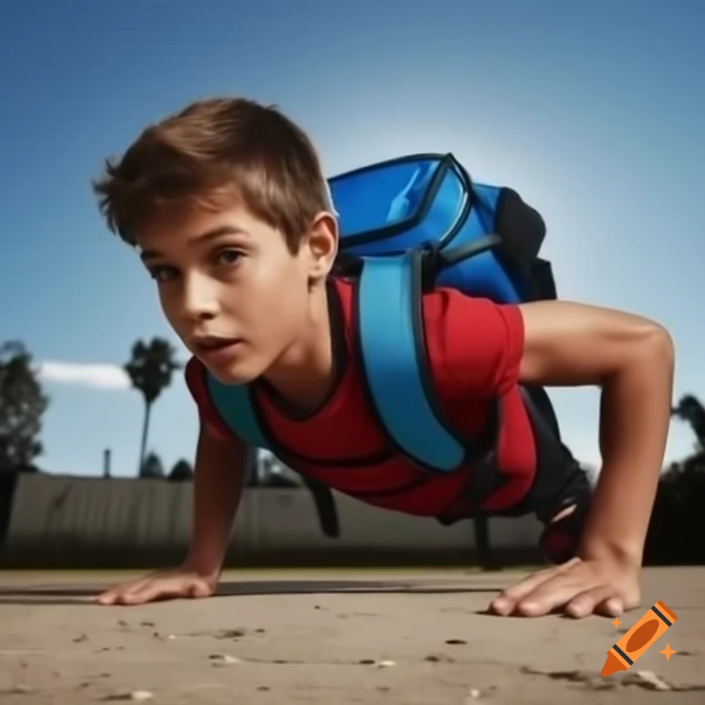 Boy performing push ups with a heavy backpack on Craiyon