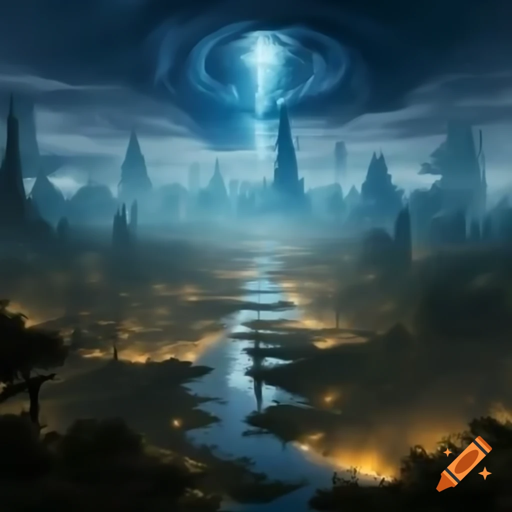 Cinematic wide shot of floating islands and ancient ruins in a mystical ...