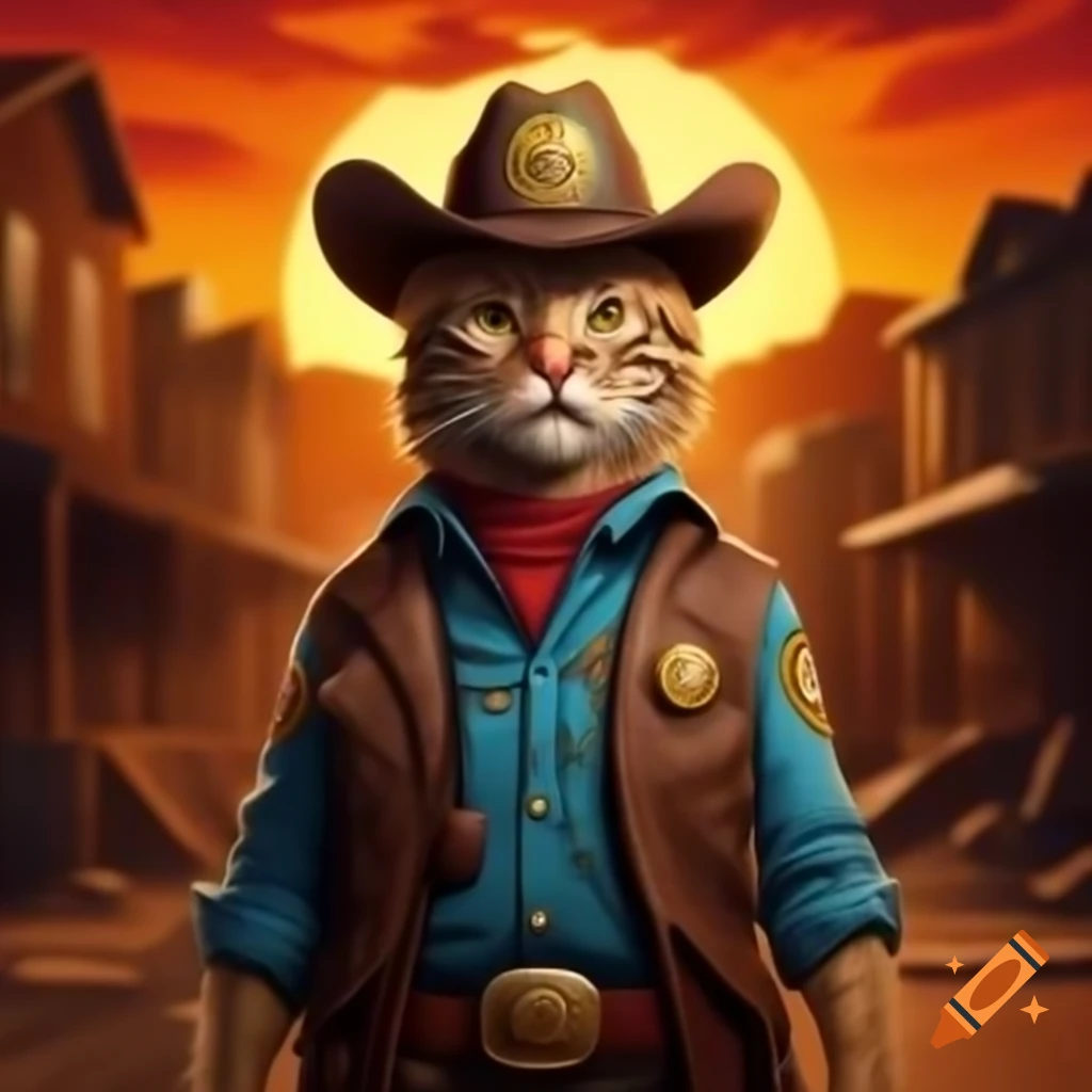 Muscular anthropomorphic cowboy cat in Western town with ten-gallon hat ...