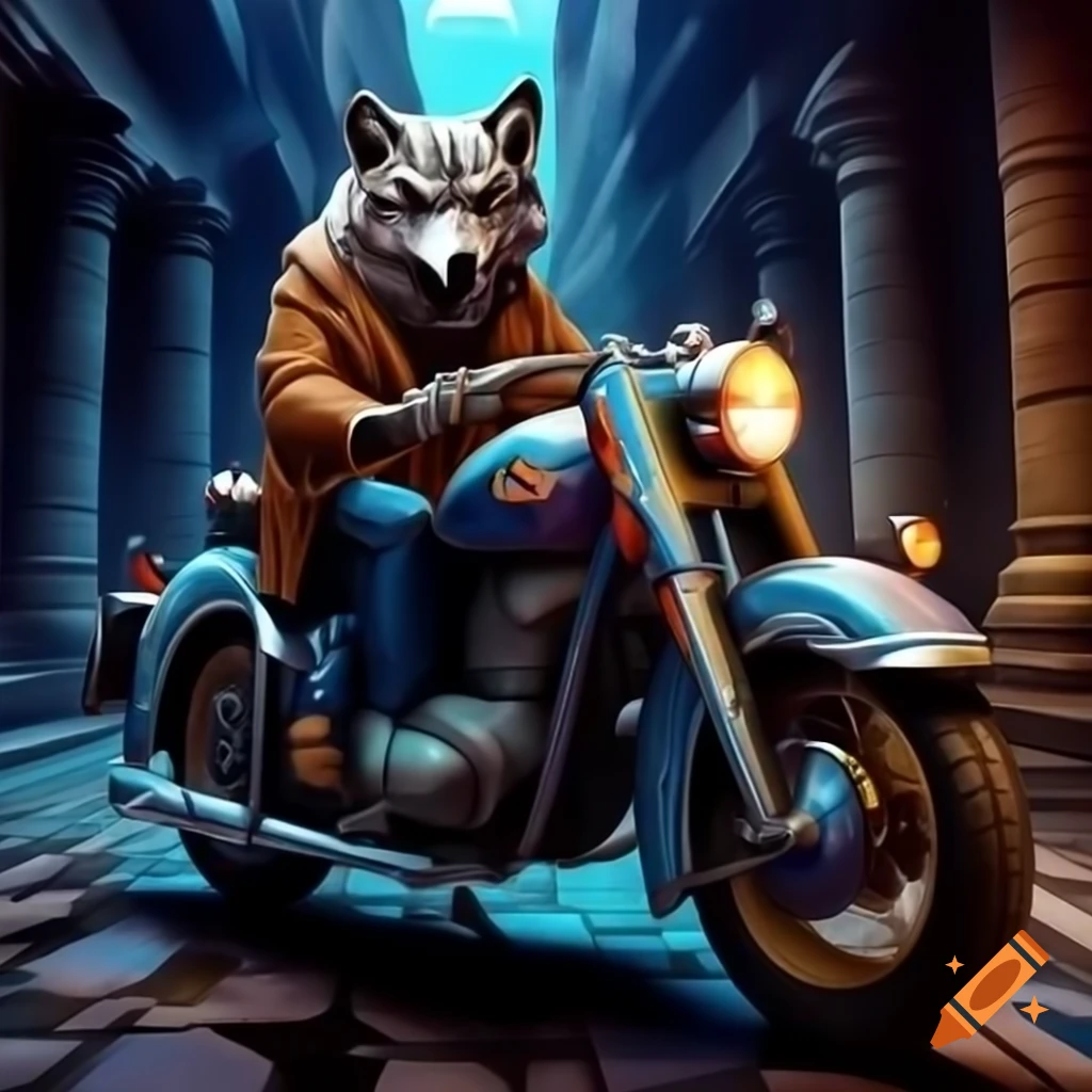 Surreal digital painting of wolf fused with vintage motorcycle in ...