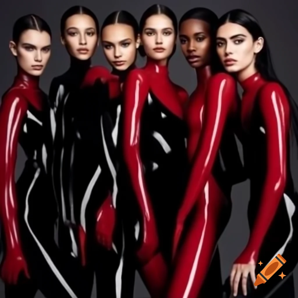 Supermodels in black and red latex bodysuits in studio with high ...