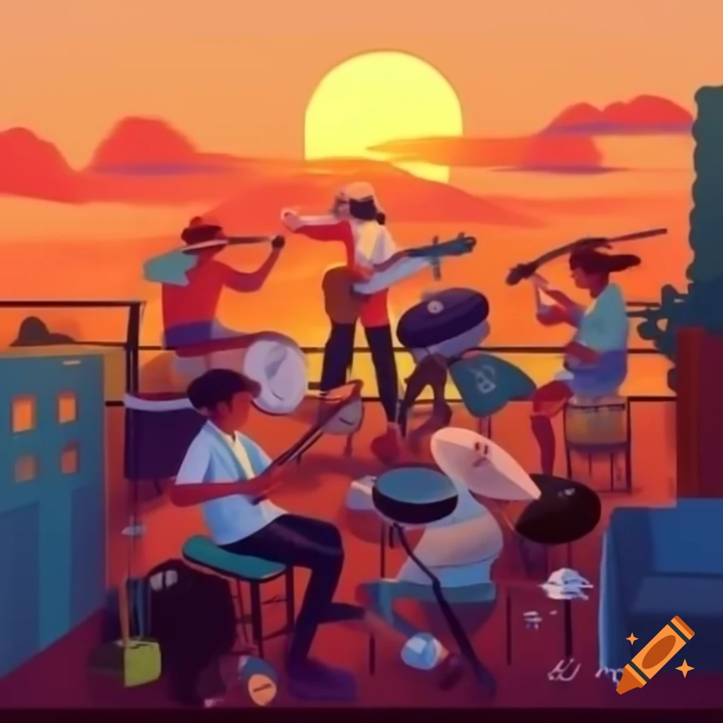 Musical jam session on rooftop balcony at sunset with six players and ...