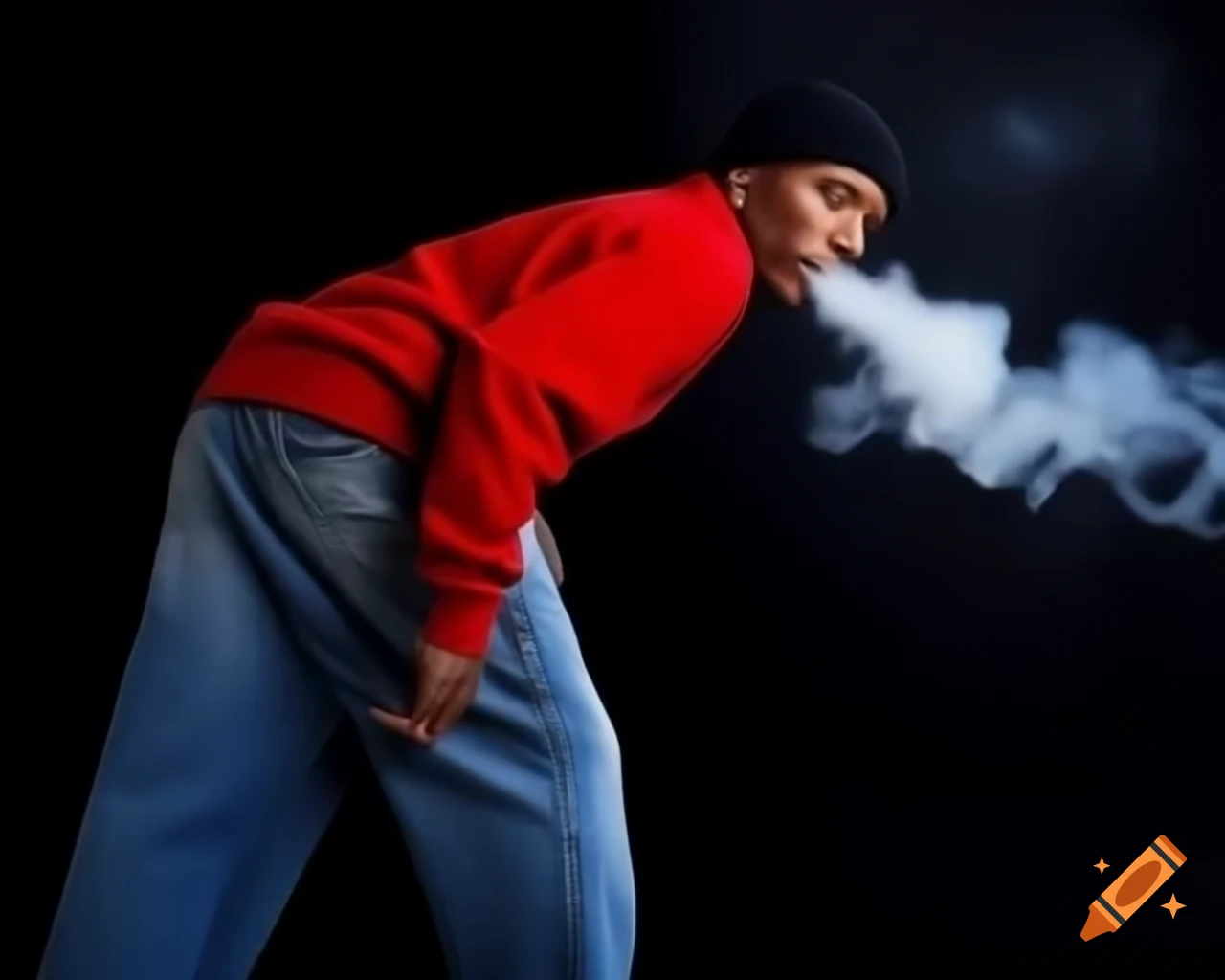 Rapper wearing stylish outfit and black beanie, surrounded by smoke on ...