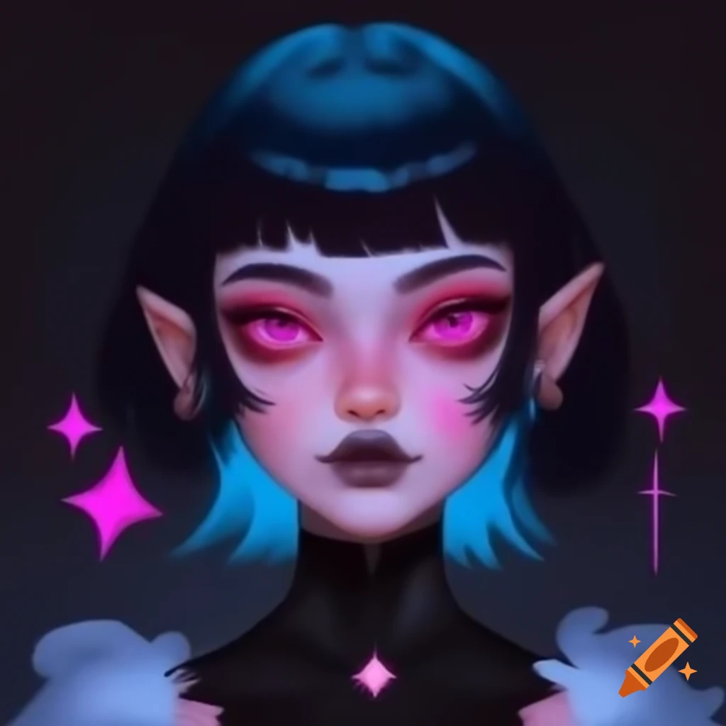 Stylized girl with blue and black hair, pink eyes, star accessory, and dark makeup on Craiyon
