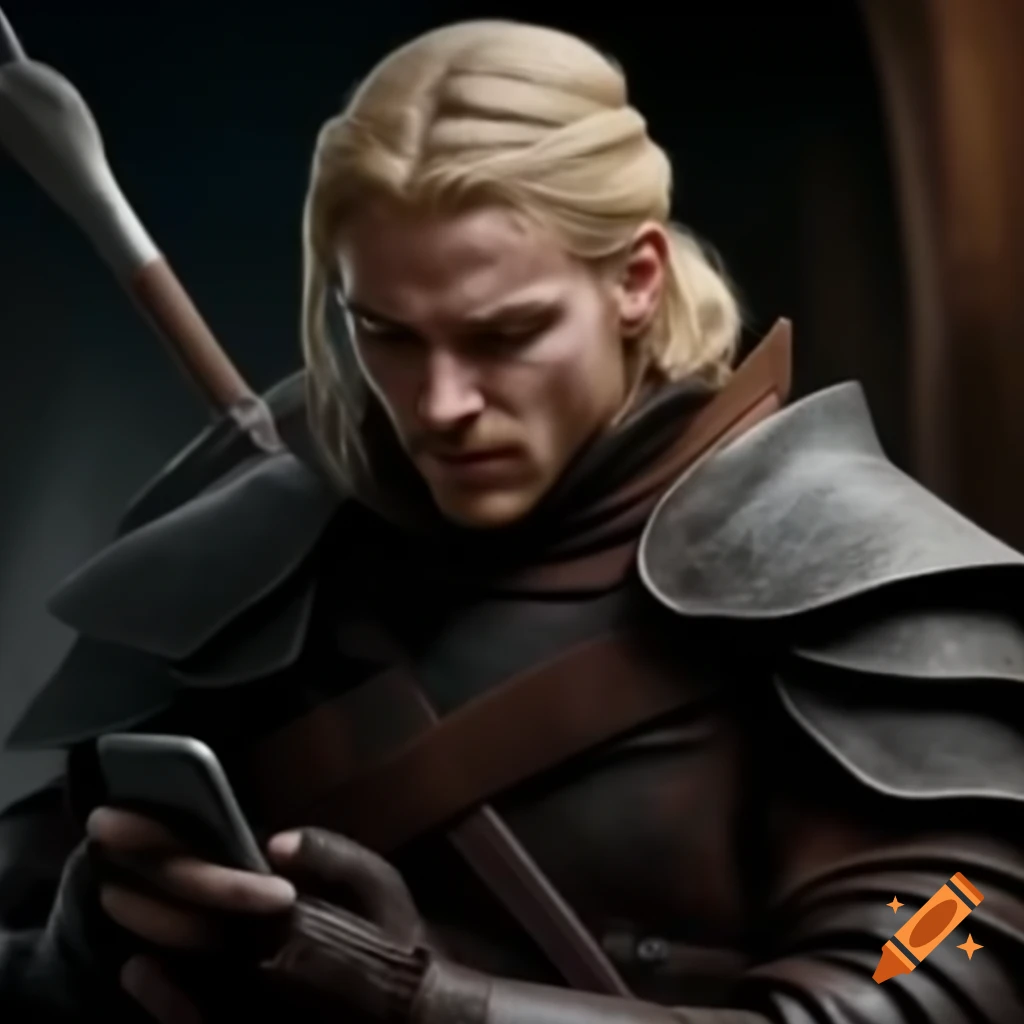 Medieval archer in leather armor crying while using smartphone on Craiyon