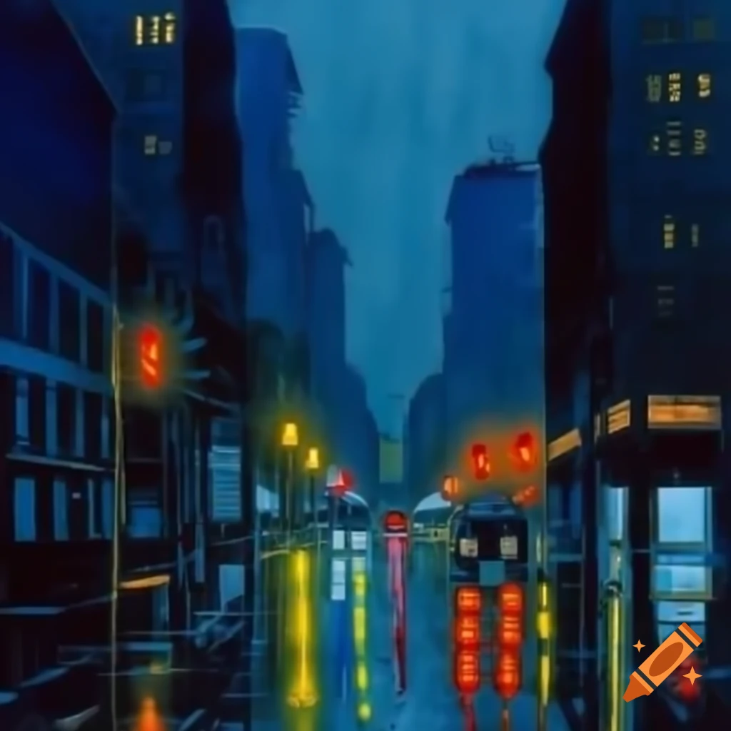 Colorful night cityscape after rain, realistic drawing on Craiyon