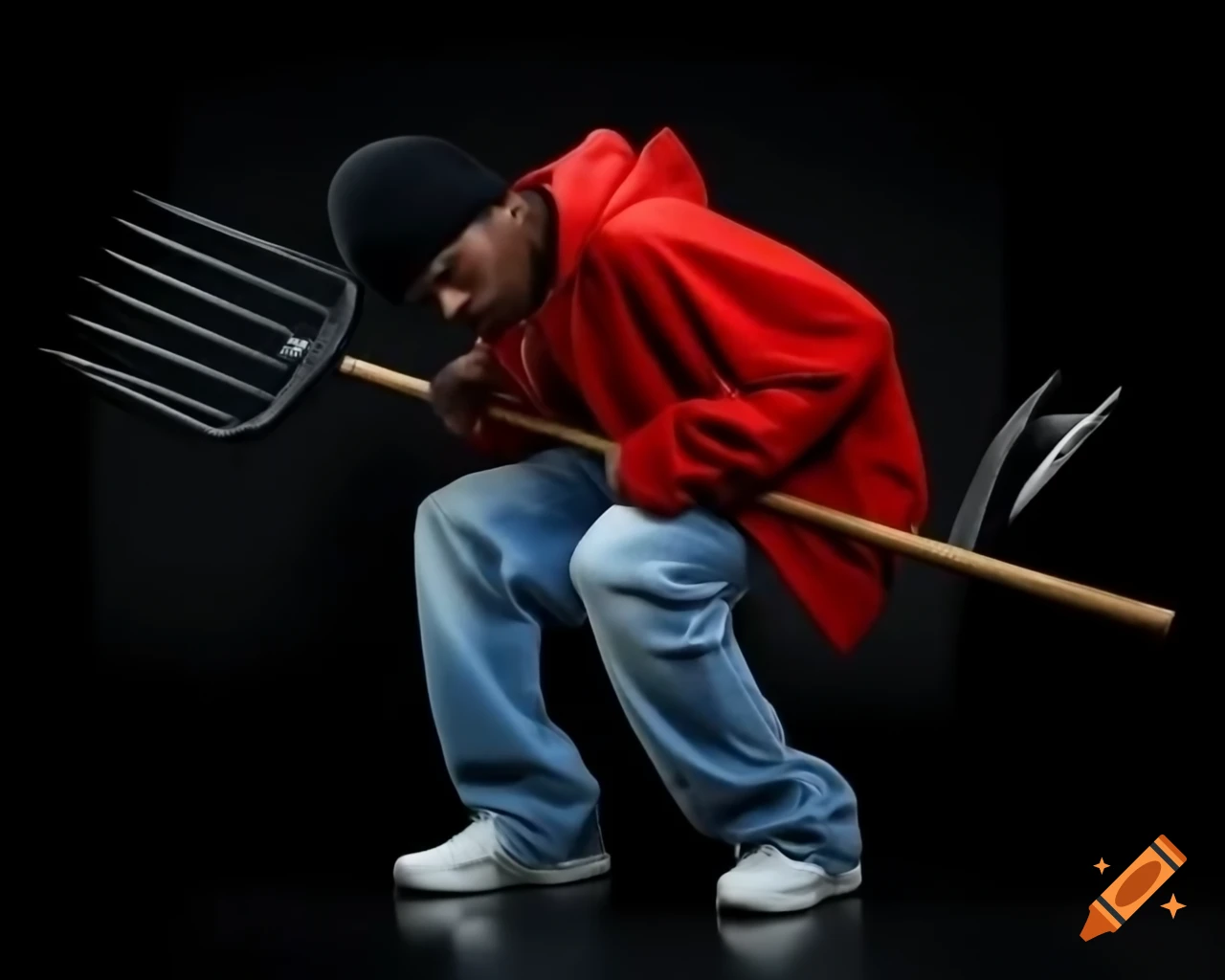 Strong rapper in baggy jeans and red hoodie holding a pitchfork on Craiyon