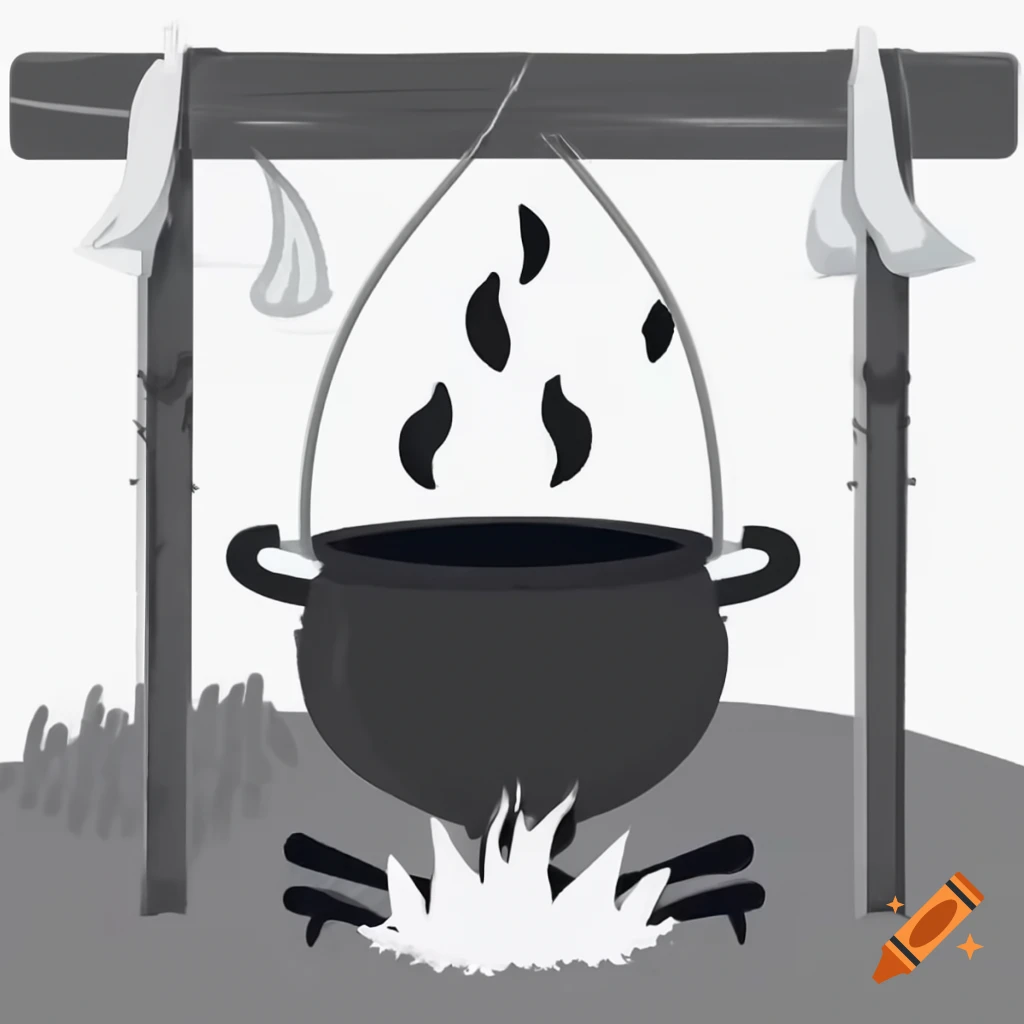 Black cauldron over burning campfire in greyscale pencil drawing on Craiyon