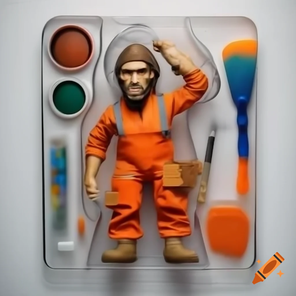 Realistic action figure of worker in orange overalls with paint ...