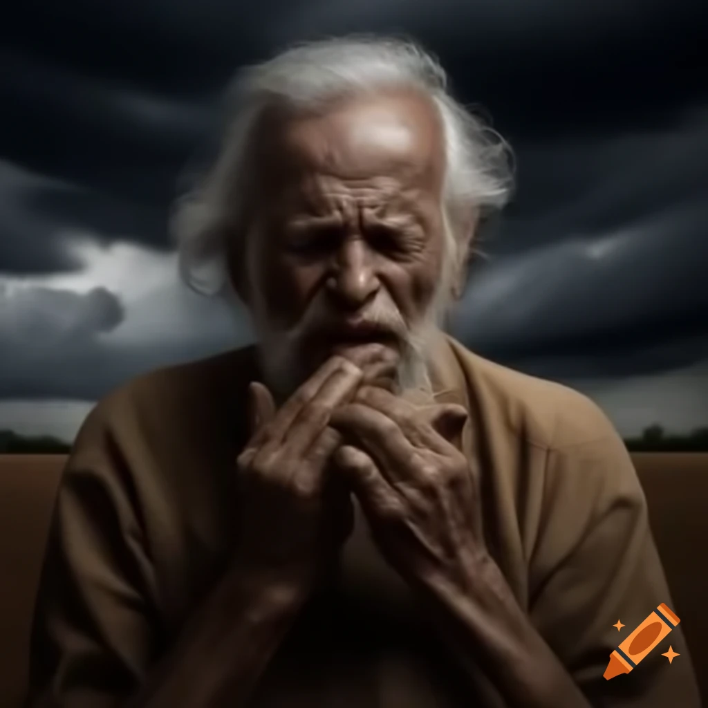 Hyper-realistic portrayal of an elderly man in tattered clothes ...