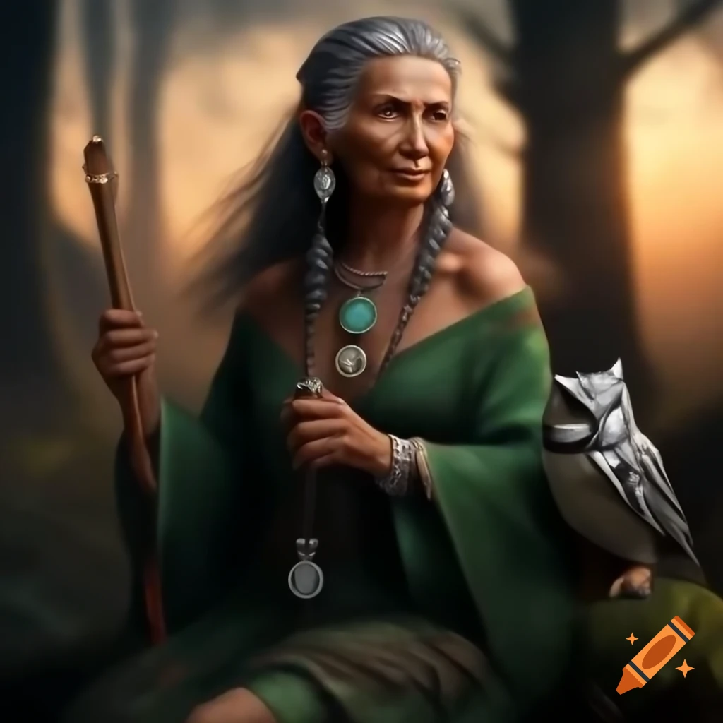 Celtic shaman woman in flowing clothes standing in misty forest at dusk ...