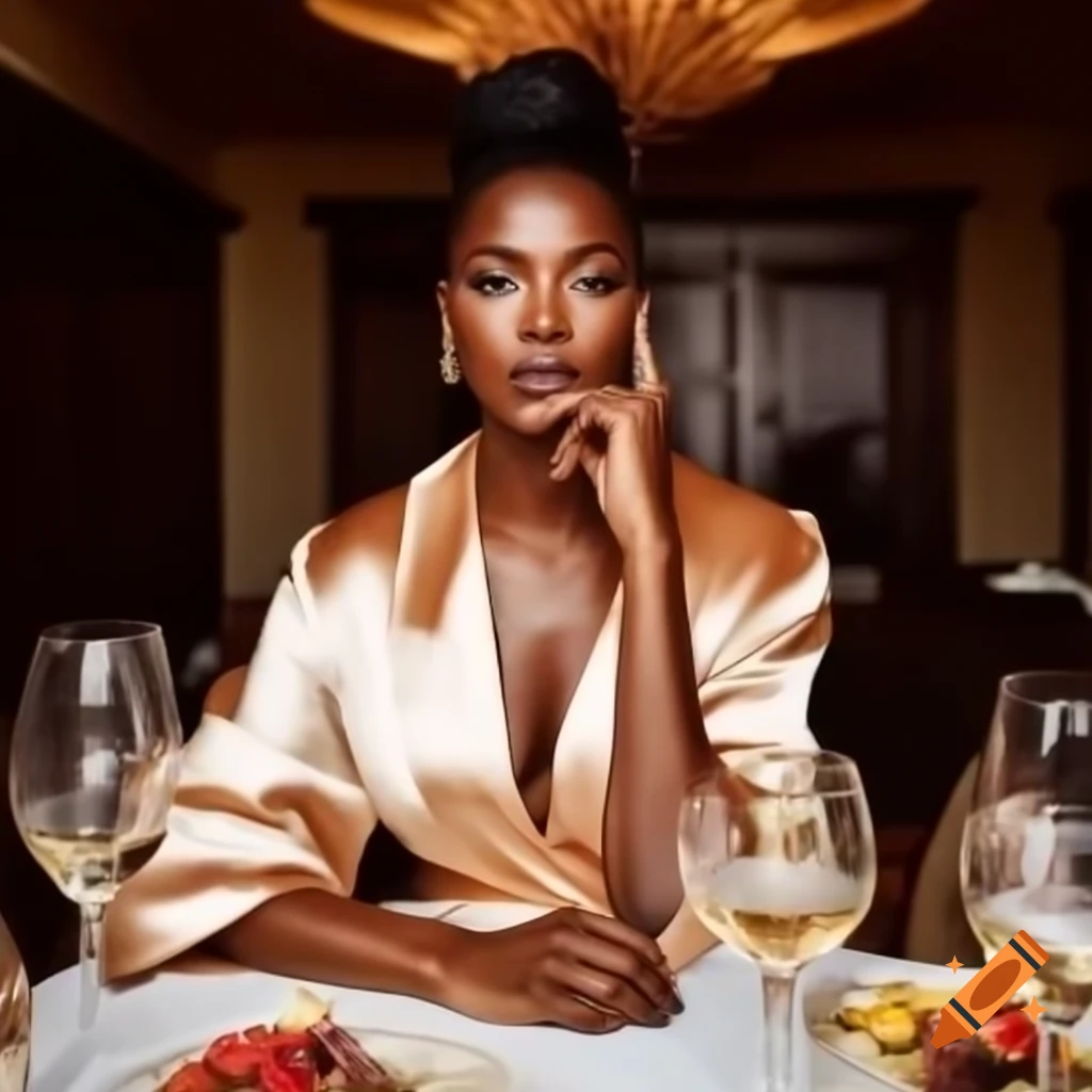 Confident woman in silk robe at dinner table, wine glass in hand ...