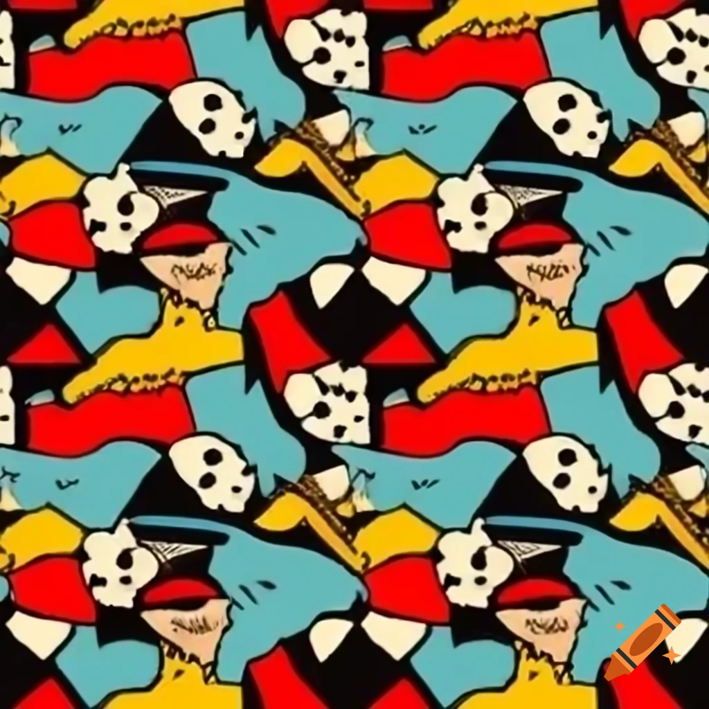 Seamless pattern wallpaper depicting modern war scene in kitschy colors ...