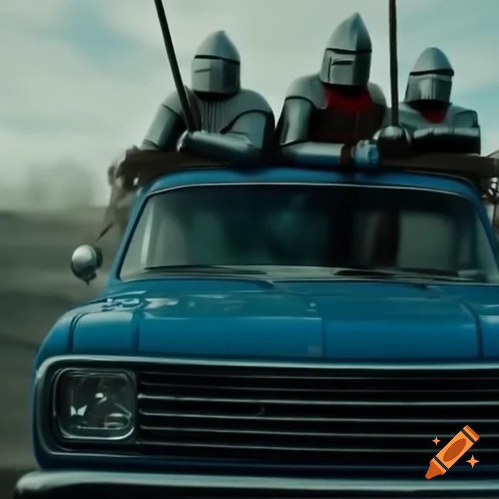 Medieval knights in blue ford van styled like old film photograph on ...