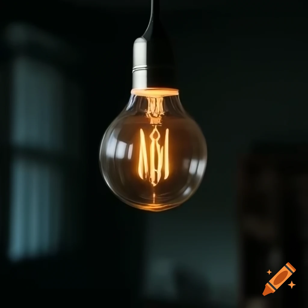 Glowing light bulb illuminated in a dark room with cinematic lighting ...