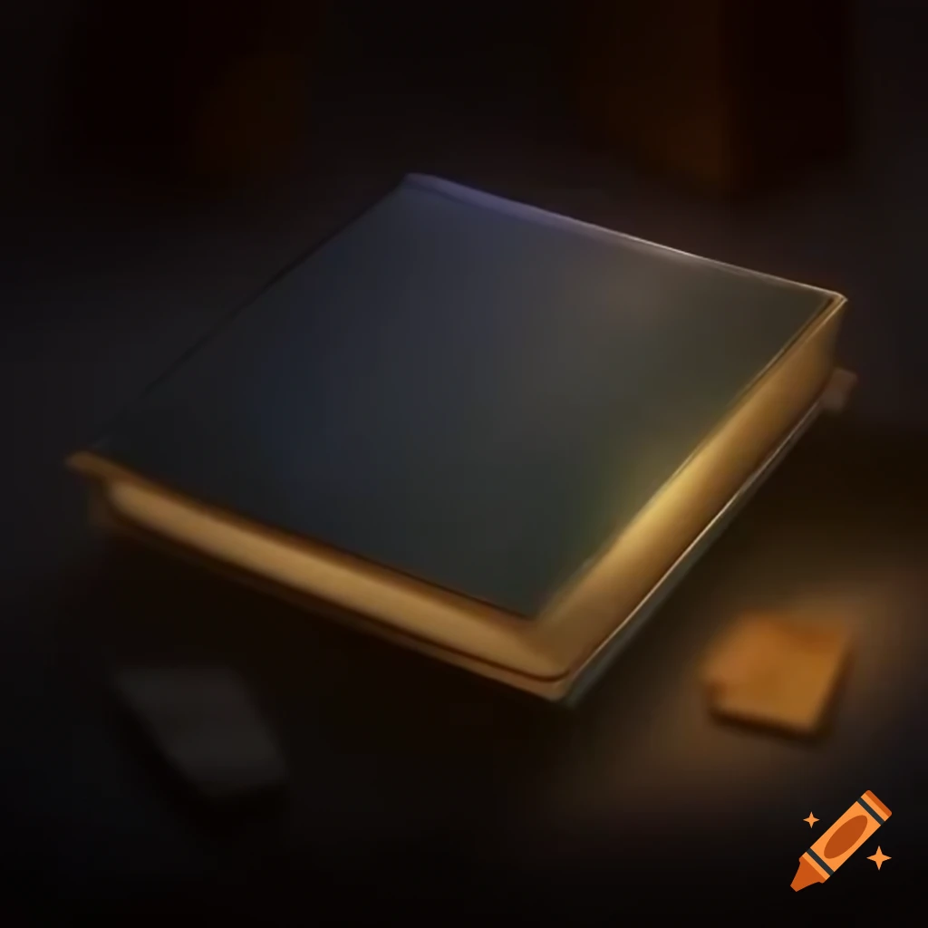Closed book with worn dark cover illuminated by soft golden light in ...