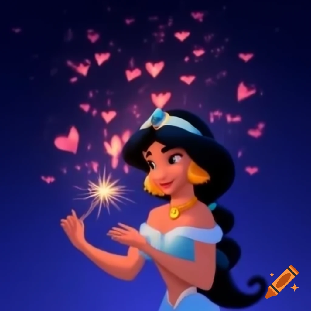 Princess Jasmine surrounded by heart fireworks and forcefield, love ...