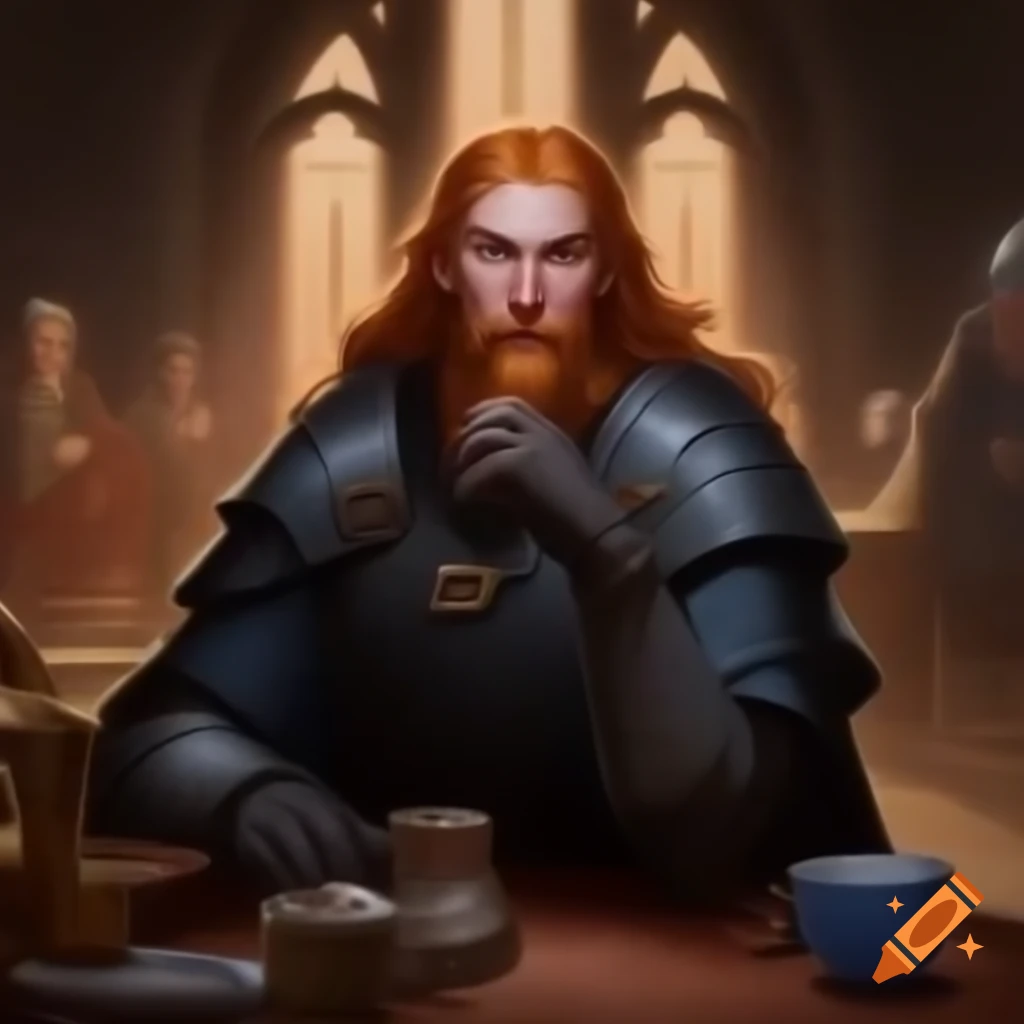 Ginger haired medieval lord with moustache and scar in brightly lit ...