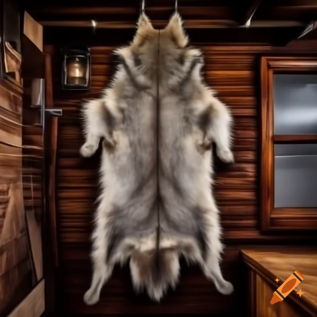 Ultra-detailed gray werewolf pelt displayed on cabin wall on Craiyon