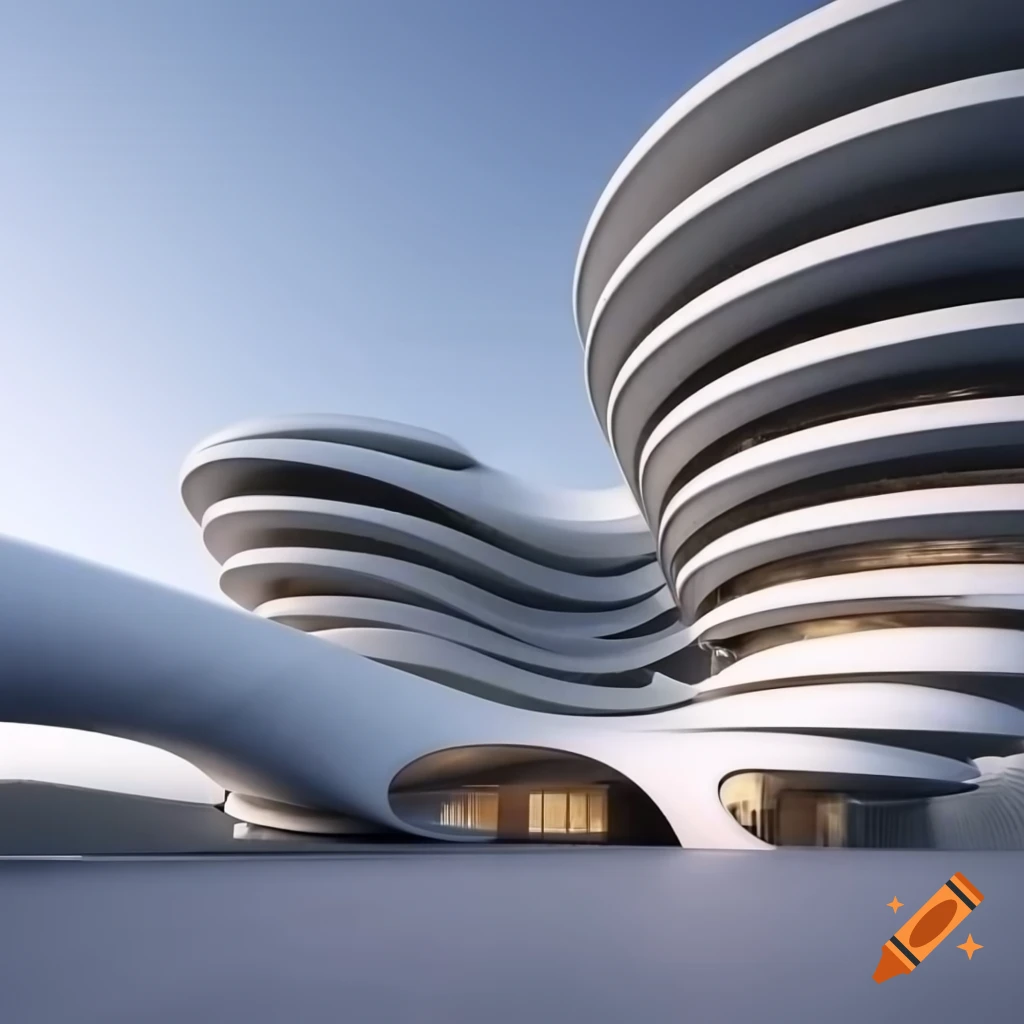 Futuristic organic architecture with curves and glass openings on Craiyon