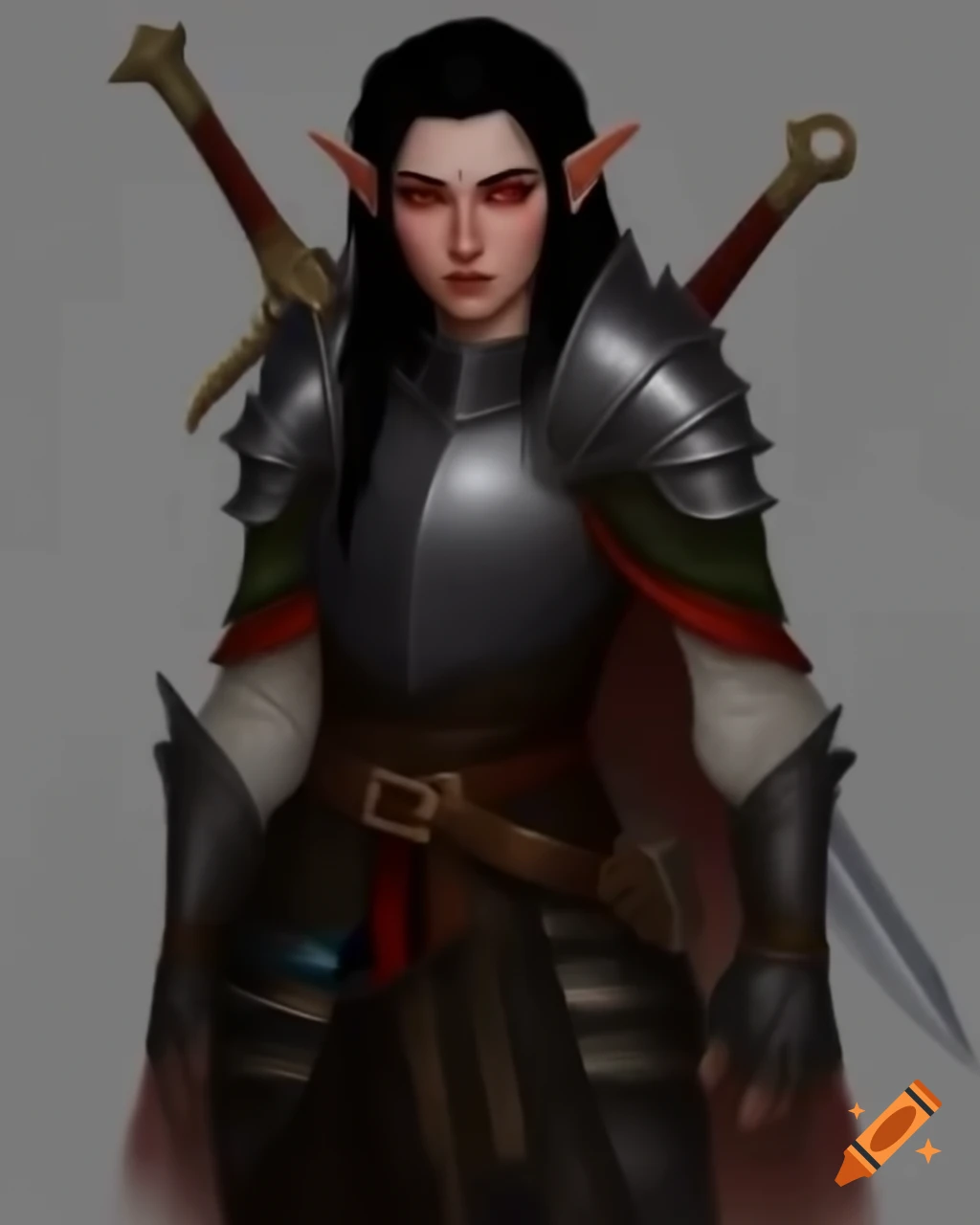 Female Elf knight in armor with red eyes and black hair holding a dagger on Craiyon