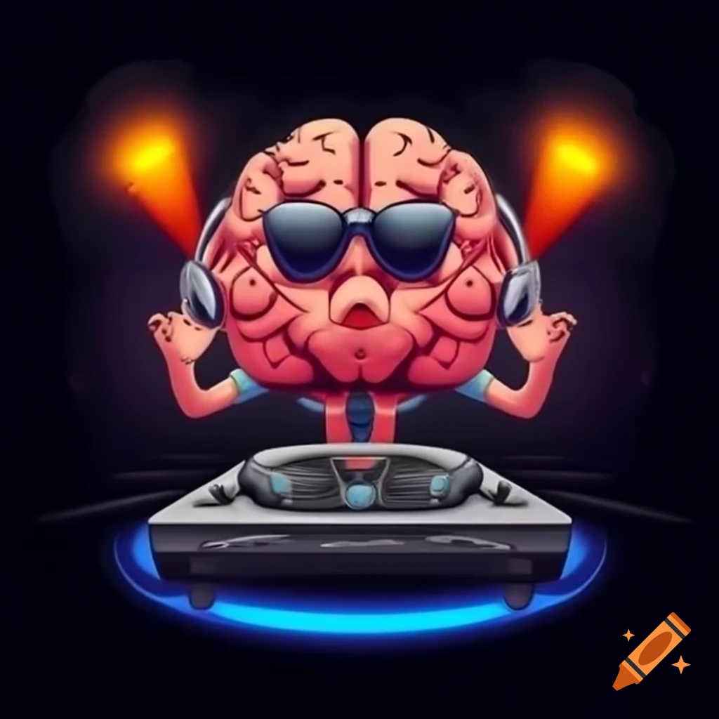 Cartoonish brain DJ in party scene with colorful lights on Craiyon
