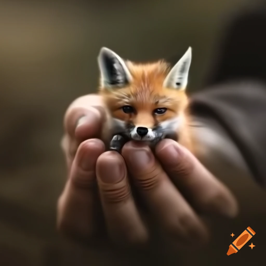 Close-up of tiny fox resting on human fingers with soft textures on Craiyon