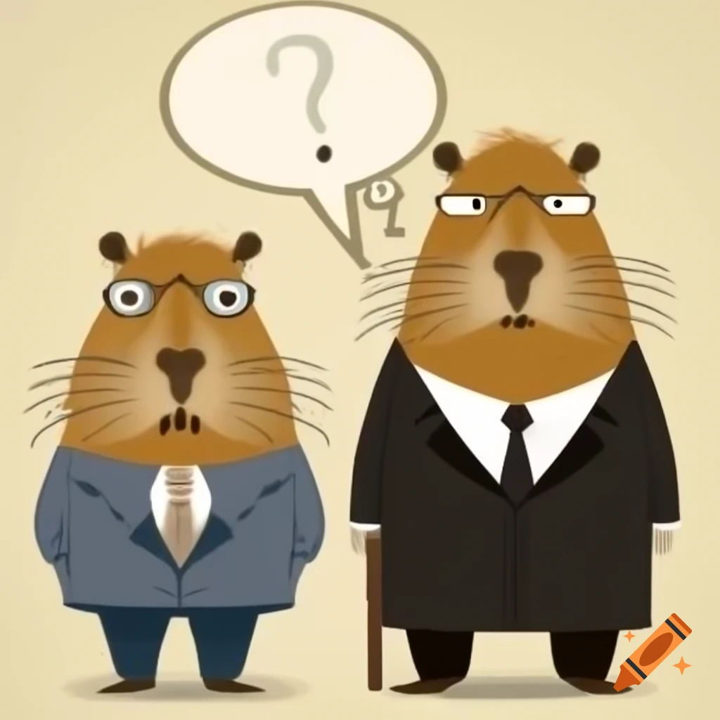 Confused capybara in suit standing before judge in clipart style on Craiyon