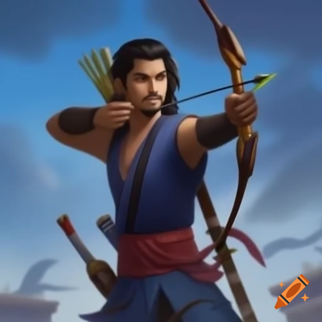 Surya putra Karna aiming bow and arrow towards the sky on Craiyon