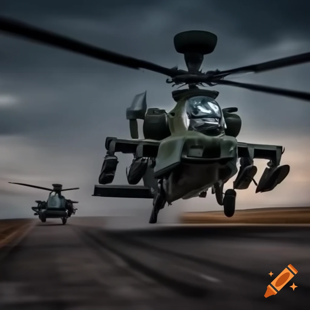 Realistic military scene featuring an Apache helicopter and insignia on ...