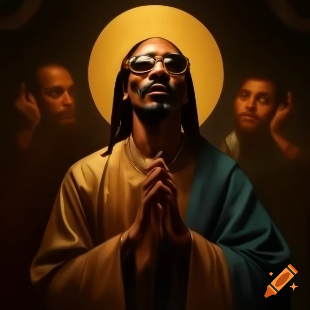 Snoop Dogg depicted as a religious icon with halo and prayer hands in ...
