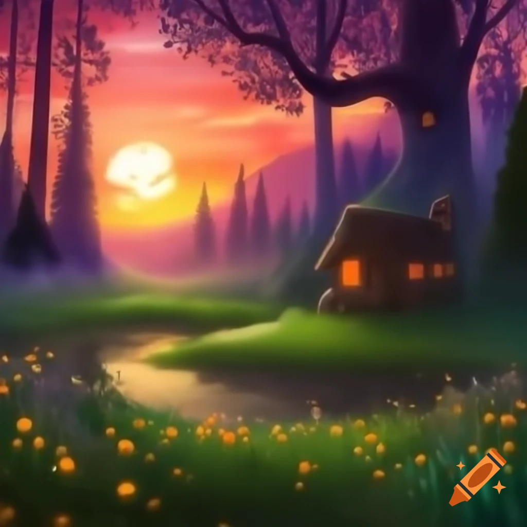 Enchanted forest with fireflies at sunset featuring a shack and pond on ...