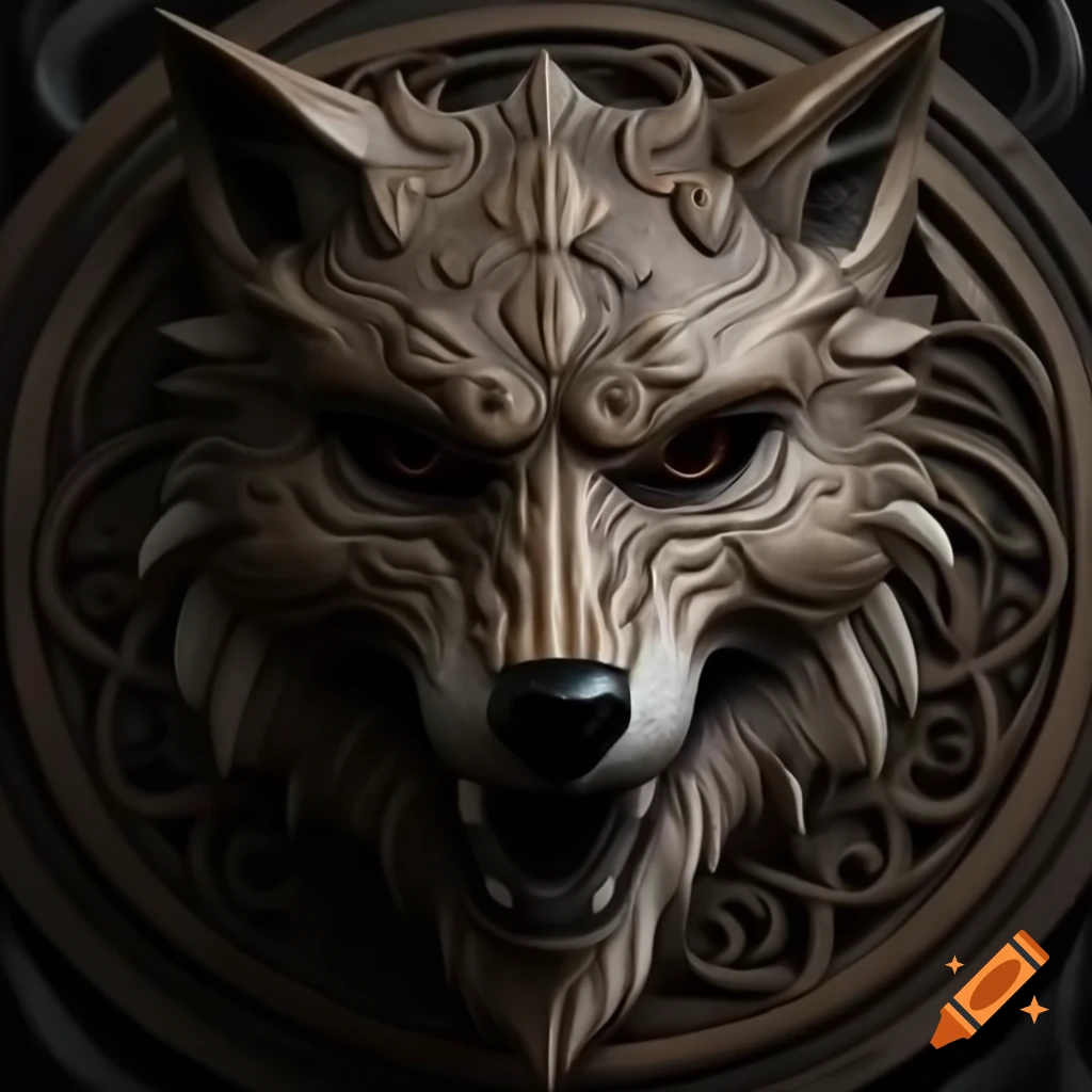 Intricate wolf mask with wood-sculpted aesthetics and Celtic patterns ...