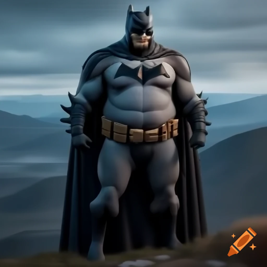 Humorous depiction of a sad, overweight Batman on a hilltop on Craiyon