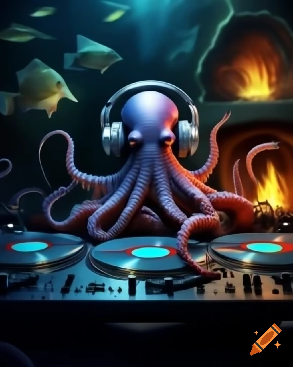 Octopus DJ with headphones spinning vinyl records underwater ...