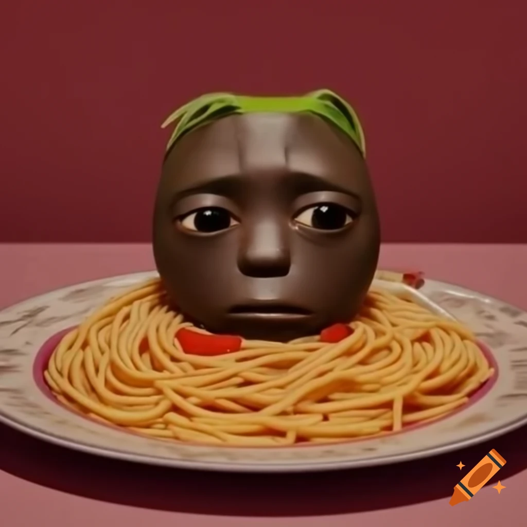 Plate of spaghetti with a crying face and big eyes on Craiyon